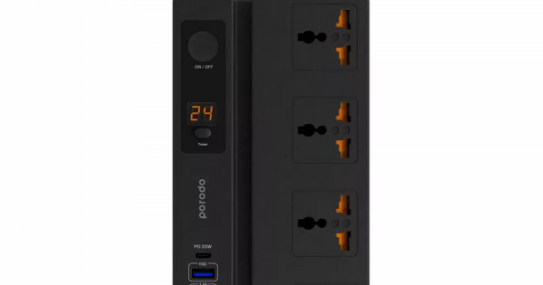 Porodo 4 AC 3 USB & USB-C PD 35W Multiport Socket 3M 3000W UK - Black